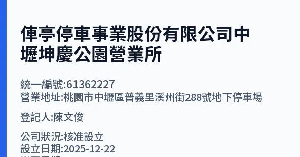 俥亭停車事業股份有限公司中壢坤慶公園營業所的照片-統編 61362227(桃園市) 公司登記資料與營業項目詳細圖表