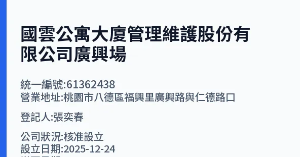 國雲公寓大廈管理維護股份有限公司廣興場的照片-統編 61362438(桃園市) 公司登記資料與營業項目詳細圖表