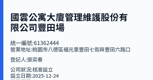 國雲公寓大廈管理維護股份有限公司豐田場的照片-統編 61362444(桃園市) 公司登記資料與營業項目詳細圖表