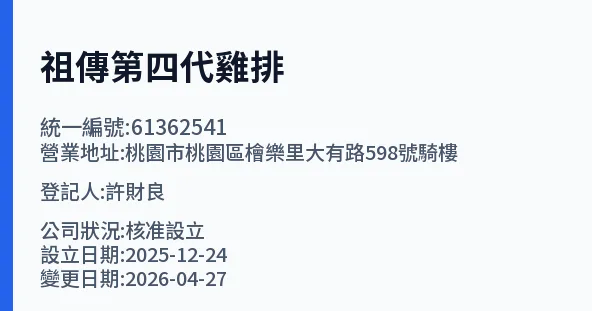 祖傳第四代雞排的照片-統編 61362541(桃園市) 公司登記資料與營業項目詳細圖表