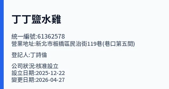 丁丁鹽水雞的照片-統編 61362578(新北市) 公司登記資料與營業項目詳細圖表