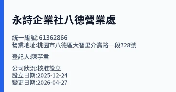 永詩企業社八德營業處的照片-統編 61362866(桃園市) 公司登記資料與營業項目詳細圖表