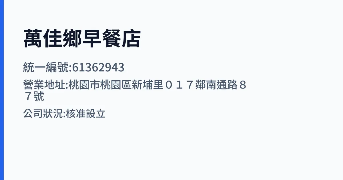 萬佳鄉早餐店 - 統編 61362943（桃園市） 公司登記資料與營業項目詳細圖表