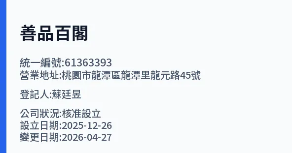 善品百閣的照片-統編 61363393(桃園市) 公司登記資料與營業項目詳細圖表