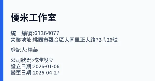 優米工作室的照片-統編 61364077(桃園市) 公司登記資料與營業項目詳細圖表