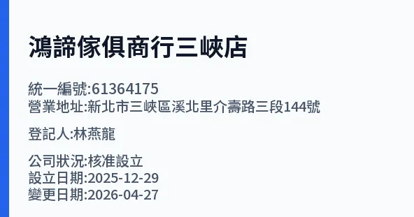 鴻諦傢俱商行三峽店的照片-統編 61364175(新北市) 公司登記資料與營業項目詳細圖表