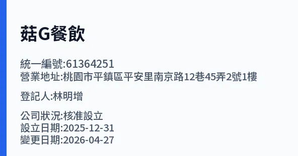 菇G餐飲的照片-統編 61364251(桃園市) 公司登記資料與營業項目詳細圖表