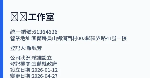 㛊㛊工作室的照片-統編 61364626(宜蘭縣) 公司登記資料與營業項目詳細圖表