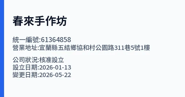 春來手作坊的照片-統編 61364858(宜蘭縣) 公司登記資料與營業項目詳細圖表