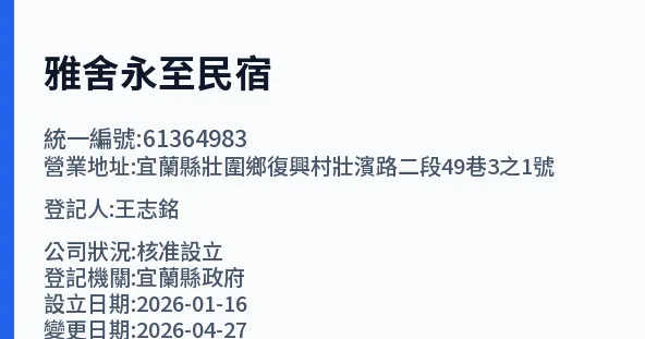 雅舍永至民宿的照片-統編 61364983(宜蘭縣) 公司登記資料與營業項目詳細圖表