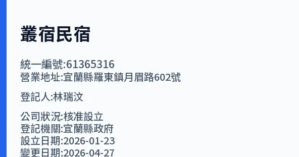 叢宿民宿的照片-統編 61365316(宜蘭縣) 公司登記資料與營業項目詳細圖表