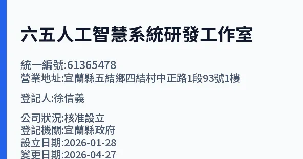 六五人工智慧系統研發工作室的照片-統編 61365478(宜蘭縣) 公司登記資料與營業項目詳細圖表