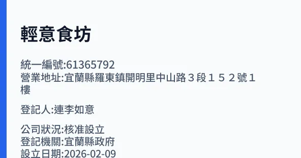 輕意食坊的照片-統編 61365792(宜蘭縣) 公司登記資料與營業項目詳細圖表