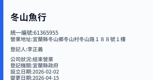 冬山魚行的照片-統編 61365955(宜蘭縣) 公司登記資料與營業項目詳細圖表