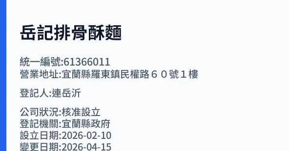 岳記排骨酥麵的照片-統編 61366011(宜蘭縣) 公司登記資料與營業項目詳細圖表
