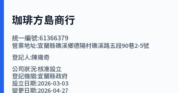 珈琲方島商行的照片-統編 61366379(宜蘭縣) 公司登記資料與營業項目詳細圖表