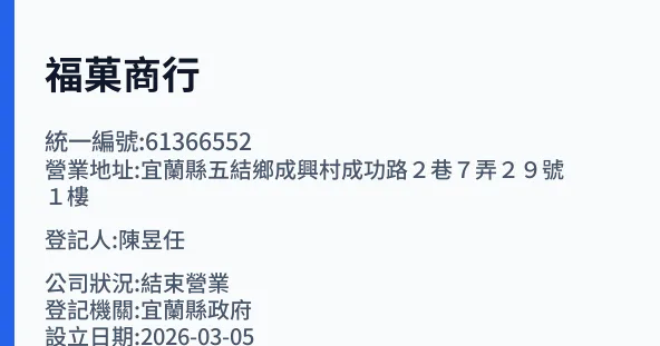 福菓商行的照片-統編 61366552(宜蘭縣) 公司登記資料與營業項目詳細圖表