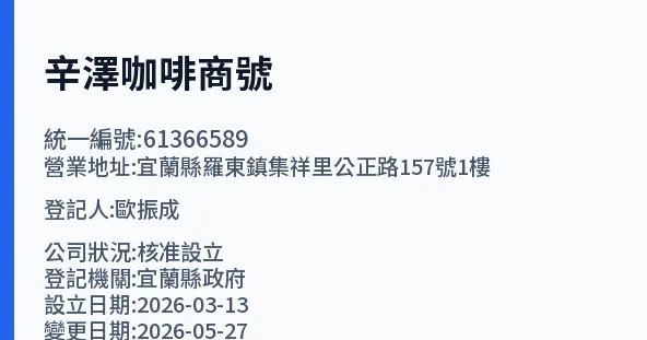 辛澤咖啡商號的照片-統編 61366589(宜蘭縣) 公司登記資料與營業項目詳細圖表