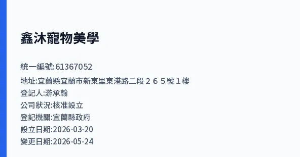 鑫沐寵物美學的照片-統編 61367052(宜蘭縣) 公司登記資料與營業項目詳細圖表
