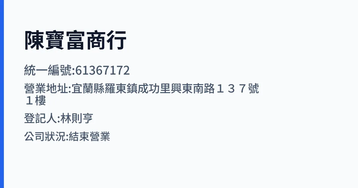 陳寶富商行 - 統編 61367172(宜蘭縣) 公司登記資料與營業項目詳細圖表