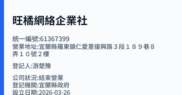 旺橘網絡企業社的照片-統編 61367399(宜蘭縣) 公司登記資料與營業項目詳細圖表