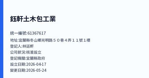 鈺軒土木包工業的照片-統編 61367617(宜蘭縣) 公司登記資料與營業項目詳細圖表