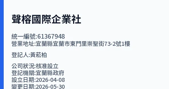 聲榕國際企業社的照片-統編 61367948(宜蘭縣) 公司登記資料與營業項目詳細圖表
