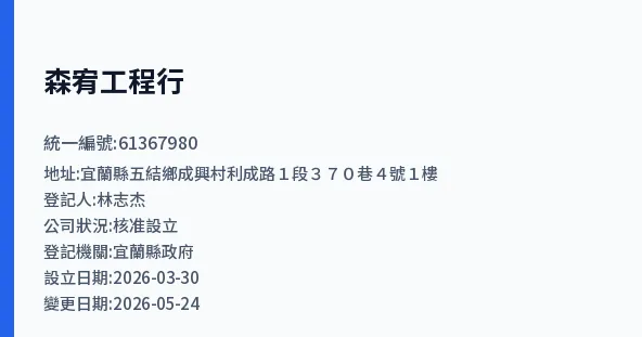 森宥工程行的照片-統編 61367980(宜蘭縣) 公司登記資料與營業項目詳細圖表