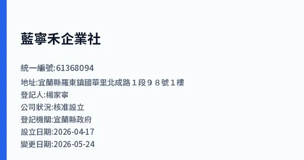 藍寧禾企業社的照片-統編 61368094(宜蘭縣) 公司登記資料與營業項目詳細圖表