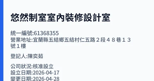 悠然制室室內裝修設計室的照片-統編 61368355(宜蘭縣) 公司登記資料與營業項目詳細圖表