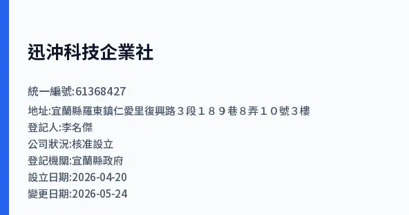 迅沖科技企業社的照片-統編 61368427(宜蘭縣) 公司登記資料與營業項目詳細圖表
