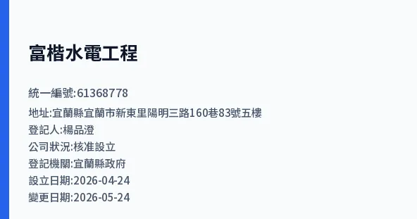 富楷水電工程的照片-統編 61368778(宜蘭縣) 公司登記資料與營業項目詳細圖表