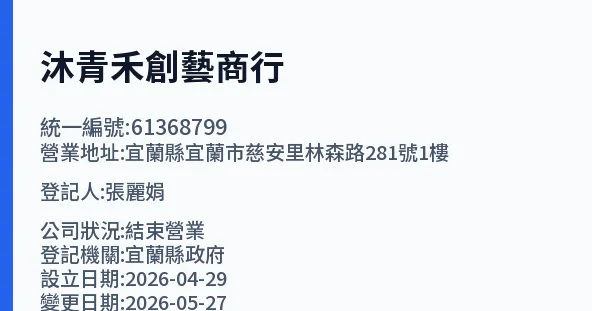 沐青禾創藝商行的照片-統編 61368799(宜蘭縣) 公司登記資料與營業項目詳細圖表