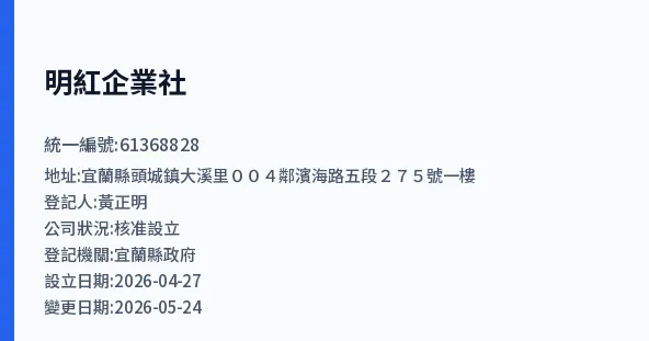 明紅企業社的照片-統編 61368828(宜蘭縣) 公司登記資料與營業項目詳細圖表