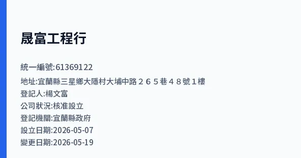 晟富工程行的照片-統編 61369122(宜蘭縣) 公司登記資料與營業項目詳細圖表