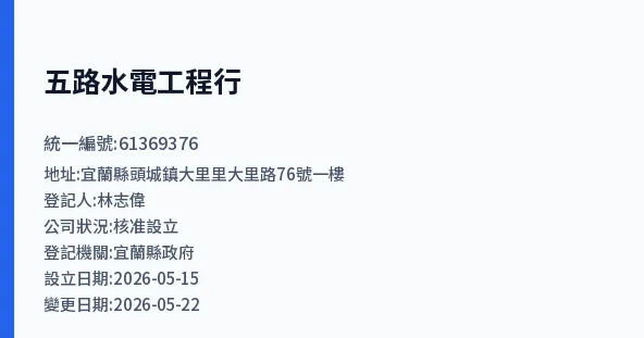 五路水電工程行的照片-統編 61369376(宜蘭縣) 公司登記資料與營業項目詳細圖表