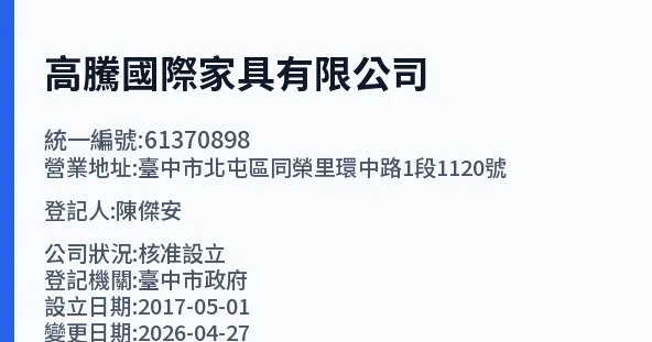 高騰國際家具有限公司的照片-統編 61370898(臺中市) 公司登記資料與營業項目詳細圖表