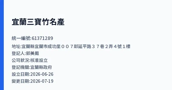 宜蘭三寶竹名產的照片-統編 61371289(宜蘭縣) 公司登記資料與營業項目詳細圖表