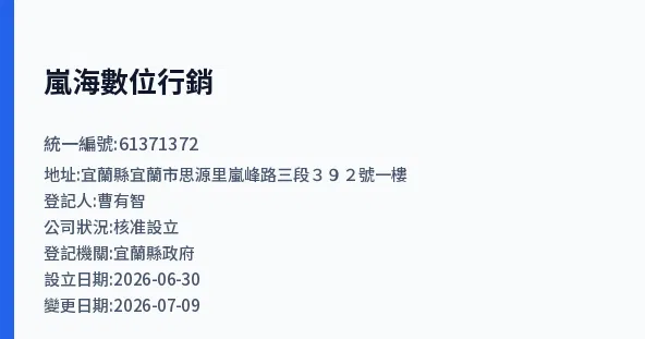 嵐海數位行銷的照片-統編 61371372(宜蘭縣) 公司登記資料與營業項目詳細圖表