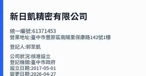 新日凱精密有限公司的照片-統編 61371453(臺中市) 公司登記資料與營業項目詳細圖表