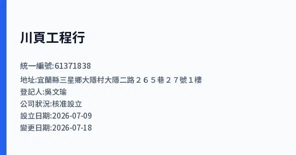川頁工程行的照片-統編 61371838(宜蘭縣) 公司登記資料與營業項目詳細圖表