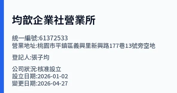 均歆企業社營業所的照片-統編 61372533(桃園市) 公司登記資料與營業項目詳細圖表