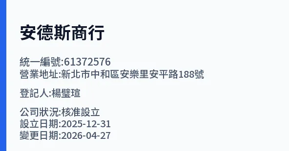 安德斯商行的照片-統編 61372576(新北市) 公司登記資料與營業項目詳細圖表
