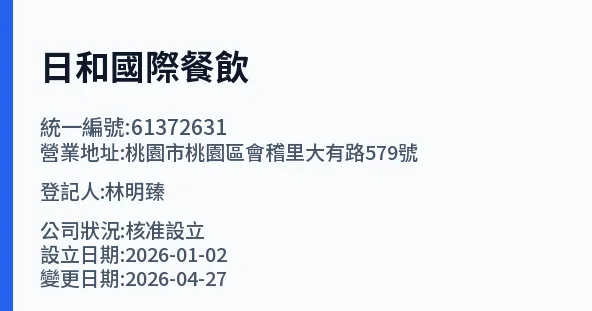 日和國際餐飲的照片-統編 61372631(桃園市) 公司登記資料與營業項目詳細圖表