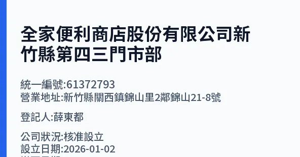 全家便利商店股份有限公司新竹縣第四三門市部的照片-統編 61372793(新竹縣) 公司登記資料與營業項目詳細圖表
