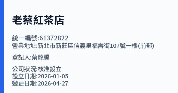 老蔡紅茶店的照片-統編 61372822(新北市) 公司登記資料與營業項目詳細圖表