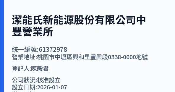 潔能氏新能源股份有限公司中豐營業所的照片-統編 61372978(桃園市) 公司登記資料與營業項目詳細圖表