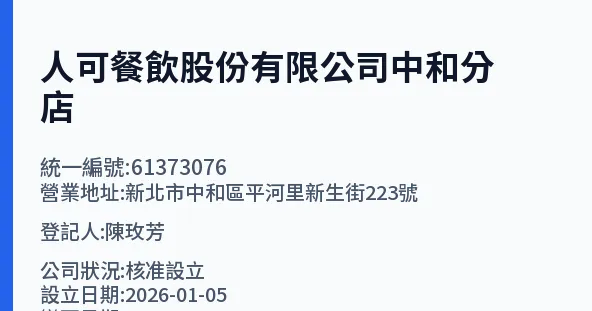 人可餐飲股份有限公司中和分店的照片-統編 61373076(新北市) 公司登記資料與營業項目詳細圖表