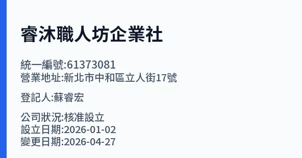 睿沐職人坊企業社的照片-統編 61373081(新北市) 公司登記資料與營業項目詳細圖表