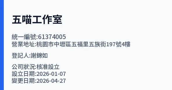 五喵工作室的照片-統編 61374005(桃園市) 公司登記資料與營業項目詳細圖表